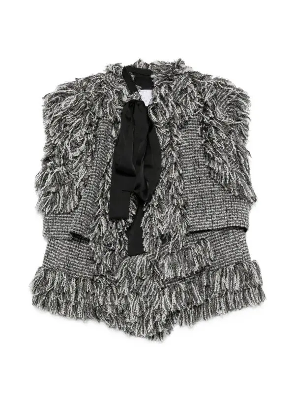 Sacai Sleeveless Tweed Effect Tiered Fringe Trimmed Pussy-bow Blouse