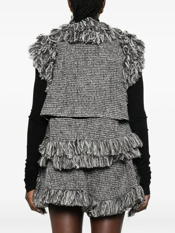 Sacai Sleeveless Tweed Effect Tiered Fringe Trimmed Pussy-bow Blouse