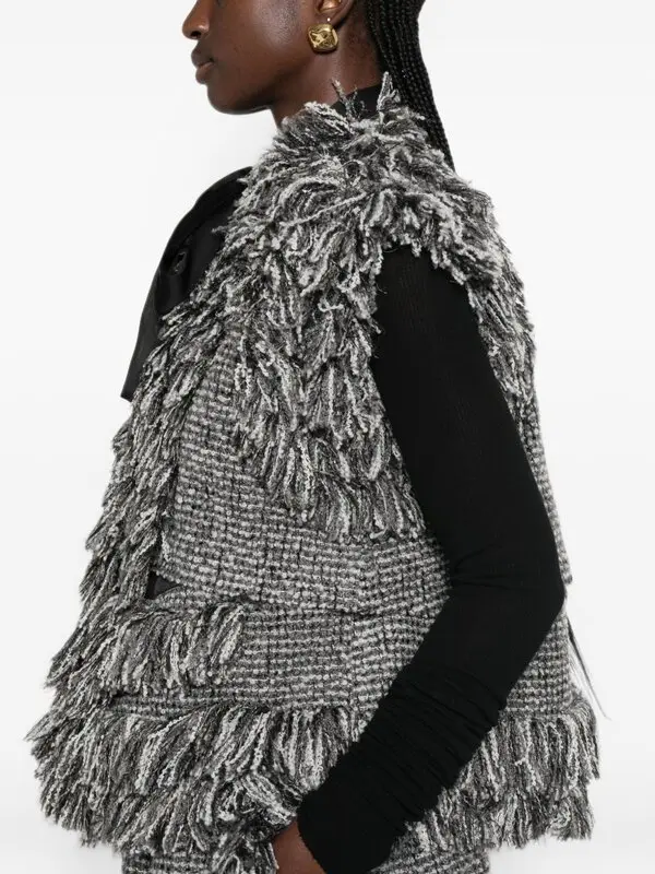 Sacai Sleeveless Tweed Effect Tiered Fringe Trimmed Pussy-bow Blouse