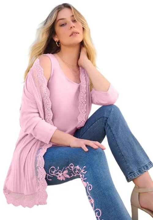 Roaman's Crochet Trim Pointelle Cardigan - Primrose