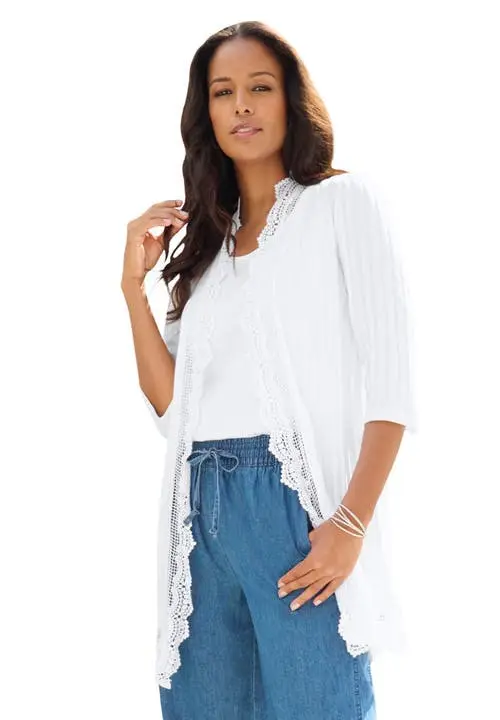 Roaman's Crochet Trim Pointelle Cardigan - White