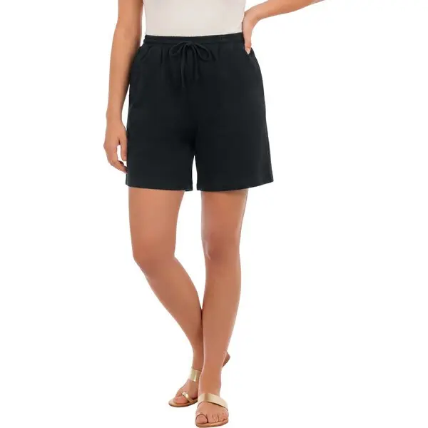 Roaman's French Terry Pull-on Drawstring Shorts - Black
