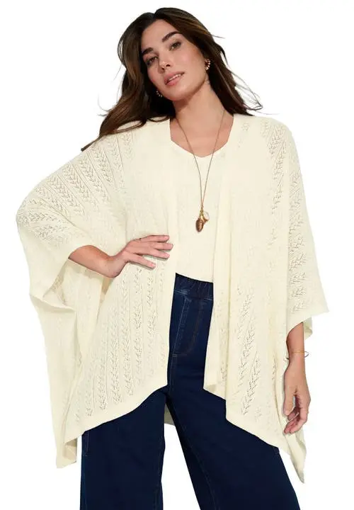 Roaman's Pointelle Open Front Ruana Cardigan