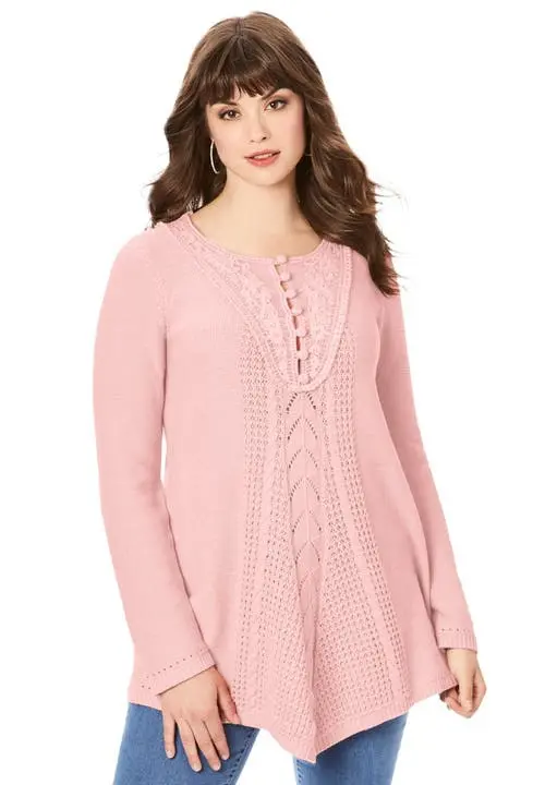 Roaman's Lace Yoke Pullover Sweater - Soft Blush