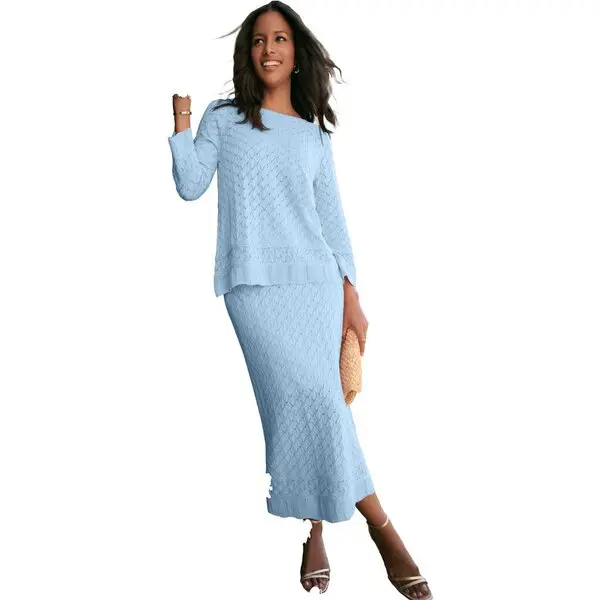 Roaman's Soft Pointelle Cropped Sweater - Soft Blue