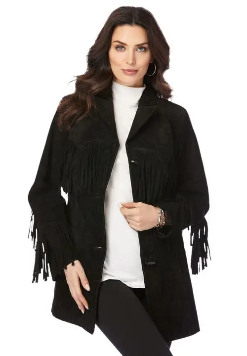 Roaman's Fringe Suede Jacket - Black