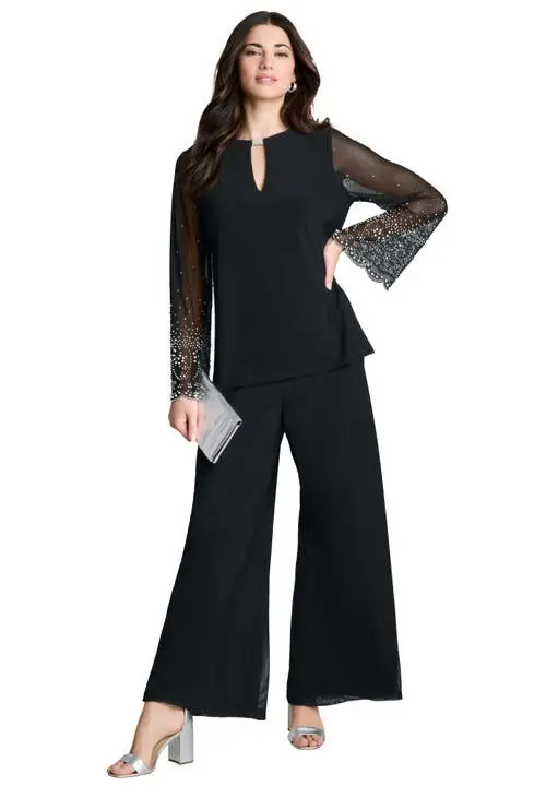 Roaman's Mesh Overlay Cardigan And Tank Set - Black