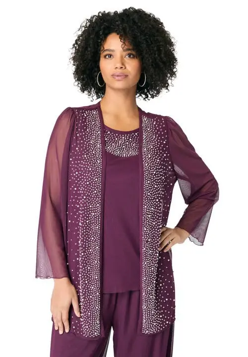 Roaman's Mesh Overlay Cardigan And Tank Set - Dark Berry