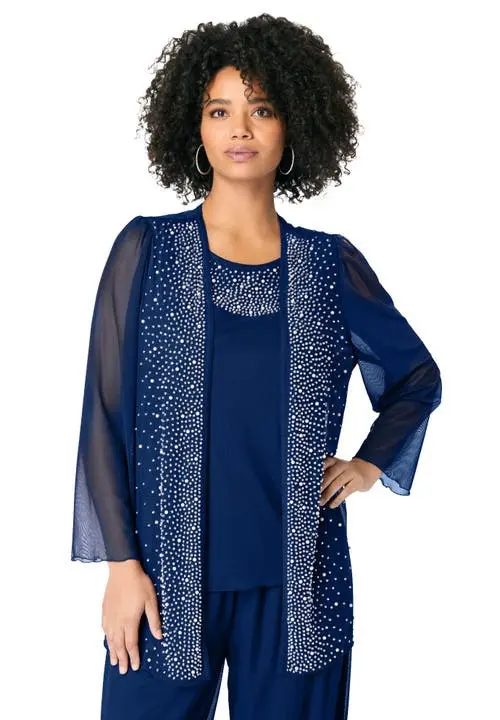 Roaman's Mesh Overlay Cardigan And Tank Set