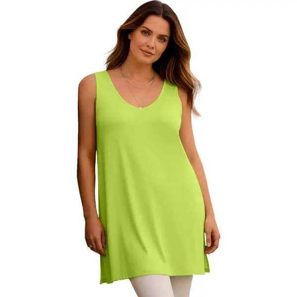 Roaman's Ultra Drape V Neck Hi-low X Back Tunic Tank - Lime