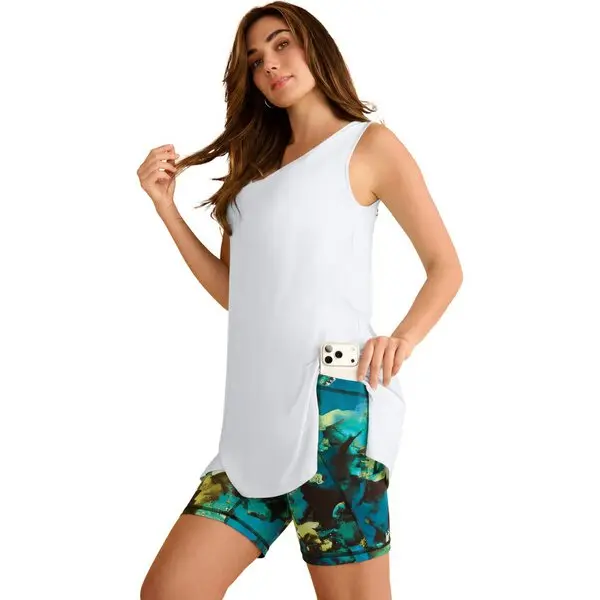 Roaman's Ultra Drape V Neck Hi Low X Back Tunic Tank - White