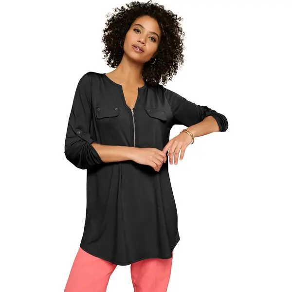 Roaman's Zip Front Ultrasmooth Tunic With Roll-tab Sleeves - Black