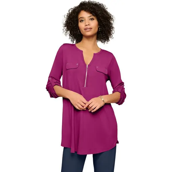 Roaman's Zip Front Ultrasmooth® Fabric Tunic - Raspberry