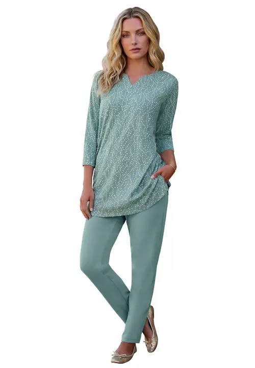 Roaman's Three Quarter Sleeve Notch Neck Soft Knit Tunic - Cool Sage