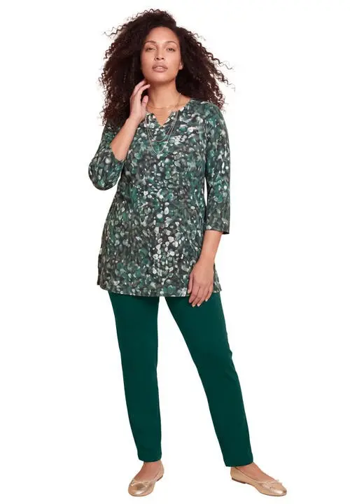 Roaman's Three-quarter Sleeve Notch Neck Soft Knit Tunic - Emerald Pebble Rocks