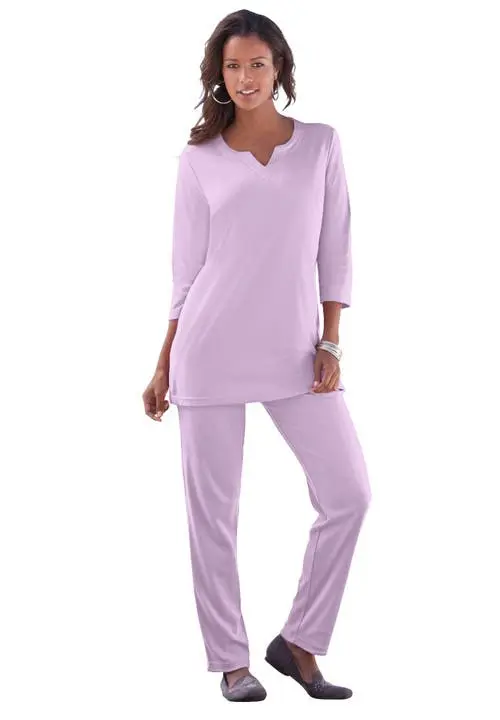 Roaman's Three-quarter Sleeve Notch Neck Soft Knit Tunic - Pale Lavender