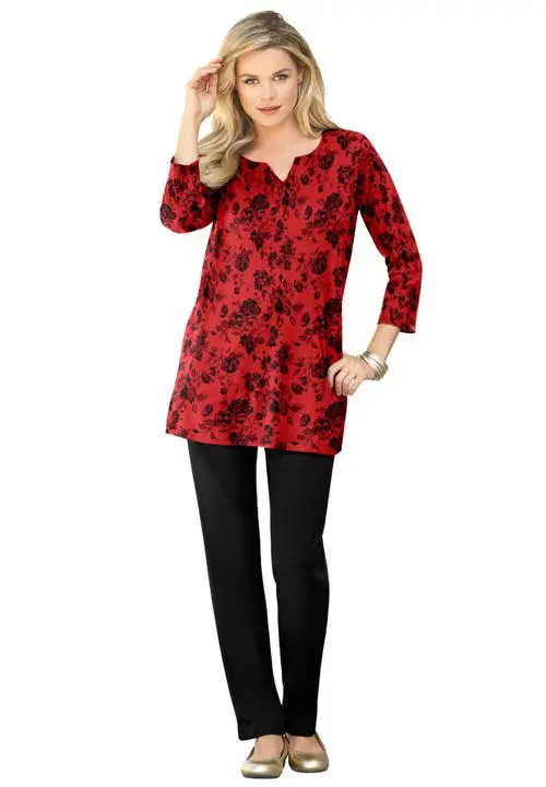 Roaman's Three-quarter Sleeve Notch Neck Soft Knit Tunic - Red Rose Graphic