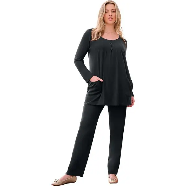Roaman's Two Pocket Long Sleeve Soft Knit Swing Tunic - Black
