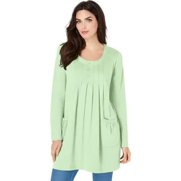 Roaman's Two Pocket Long Sleeve Soft Knit Swing Tunic - Green Mint