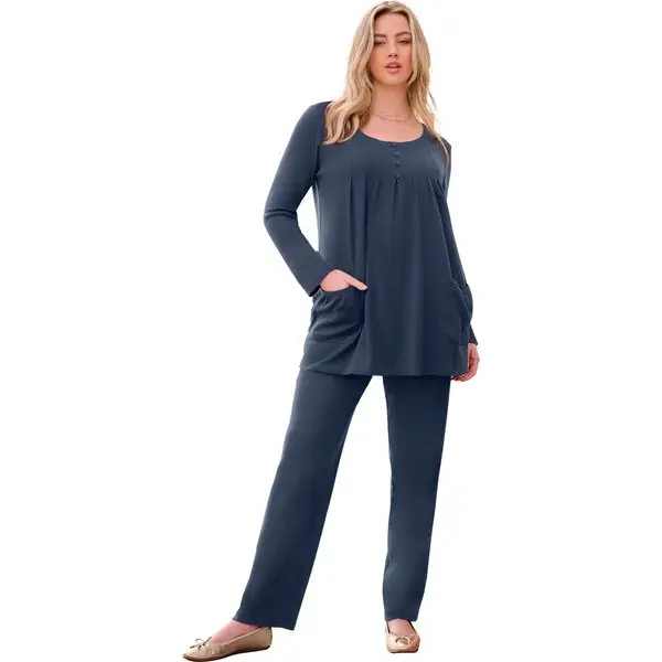 Roaman's Two Pocket Long Sleeve Soft Knit Swing Tunic - Navy