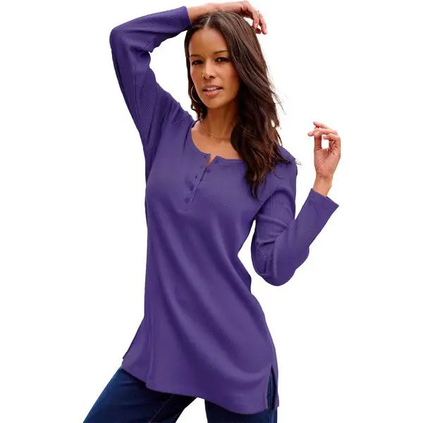 Roaman's Knit Thermal Henley Top Long Sleeve - Midnight Violet