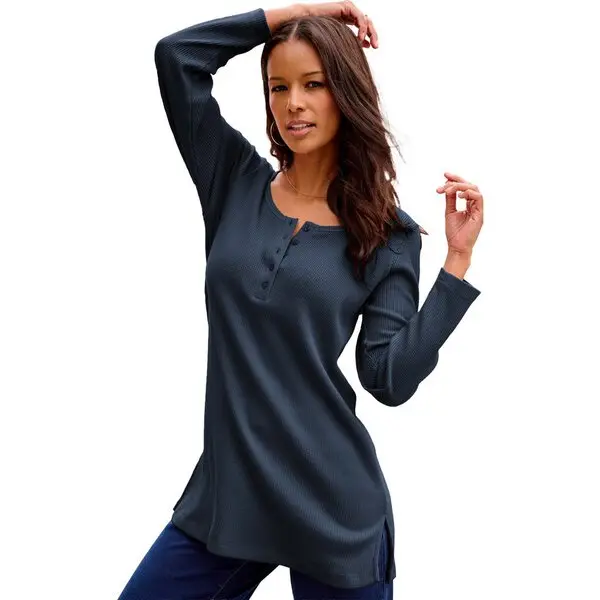 Roaman's Knit Thermal Henley Top Long Sleeve - Navy