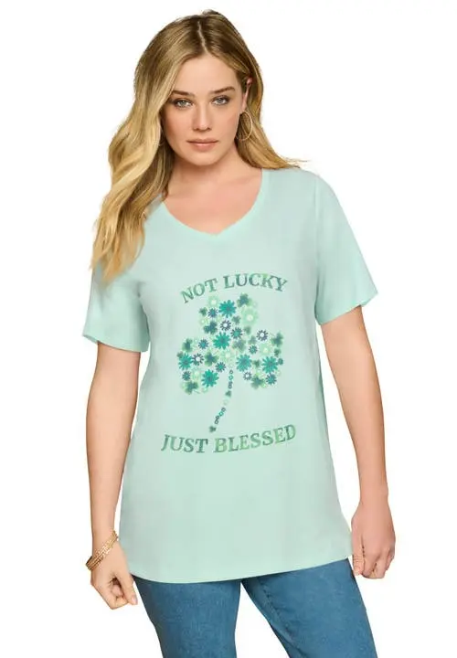 Roaman's Graphic Tee With Slogan Print - Mint Lucky