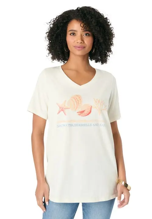 Roaman's Graphic Tee With Slogan Print - Seashells Print