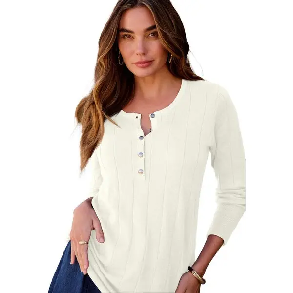 Roaman's Drop Needle Henley Lightweight Sweater Knit - Ivory