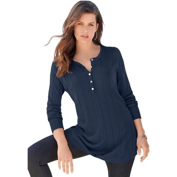 Roaman's Drop Needle Henley Lightweight Sweater Knit - Navy