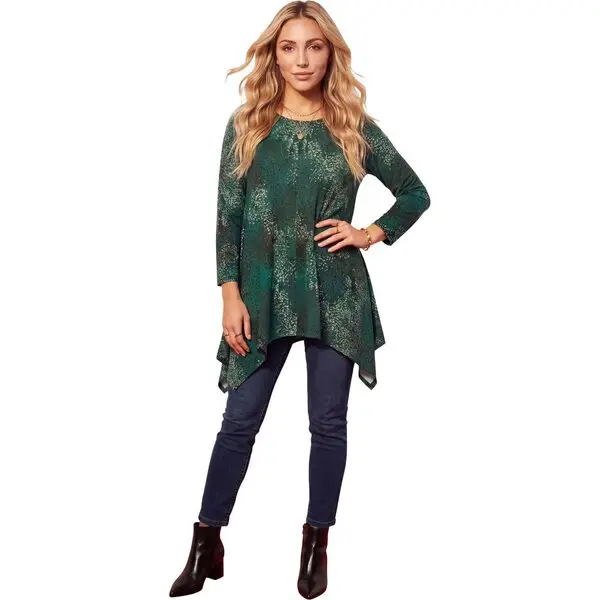 Roaman's Ultimate Handkerchief Hem Tunic - Emerald Mixed Bubbles