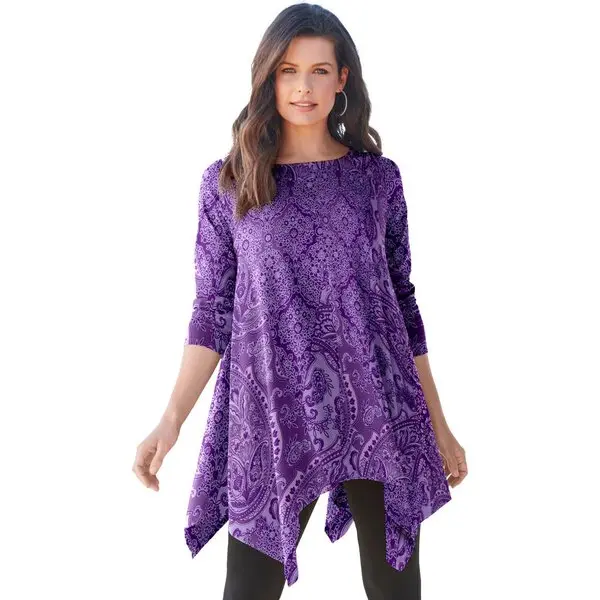 Roaman's Ultimate Handkerchief Hem Tunic - Purple Patchwork