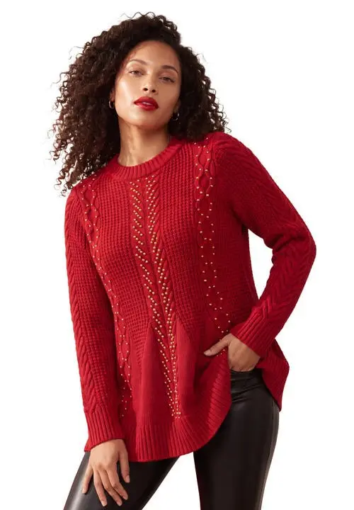 Roaman's Embellished Fit And Flare Sweater - Classic Red