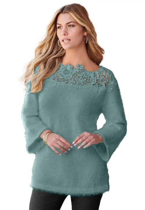 Roaman's Eyelash Lace Neck Sweater - Cool Sage