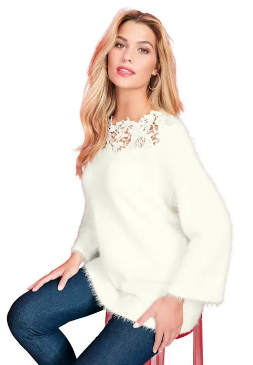 Roaman's Eyelash Lace Neck Sweater With Bell Sleeves - Ivory