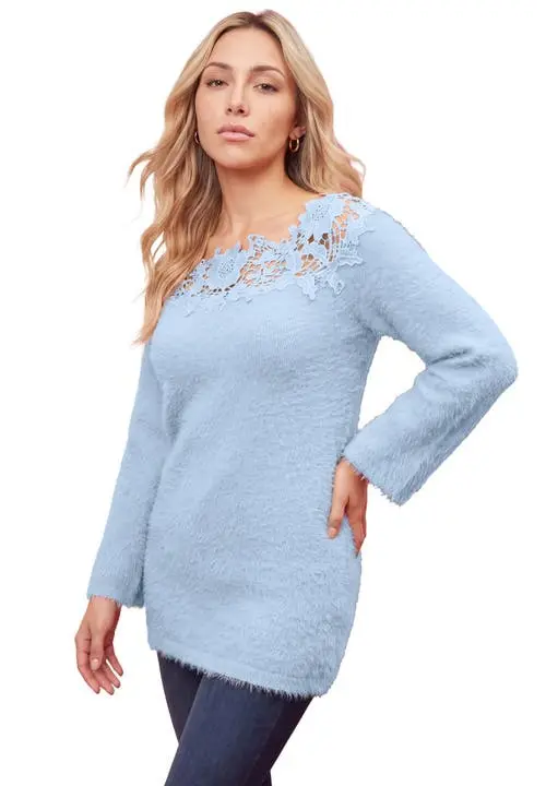 Roaman's Eyelash Lace Neck Sweater With Bell Sleeves - Pale Blue