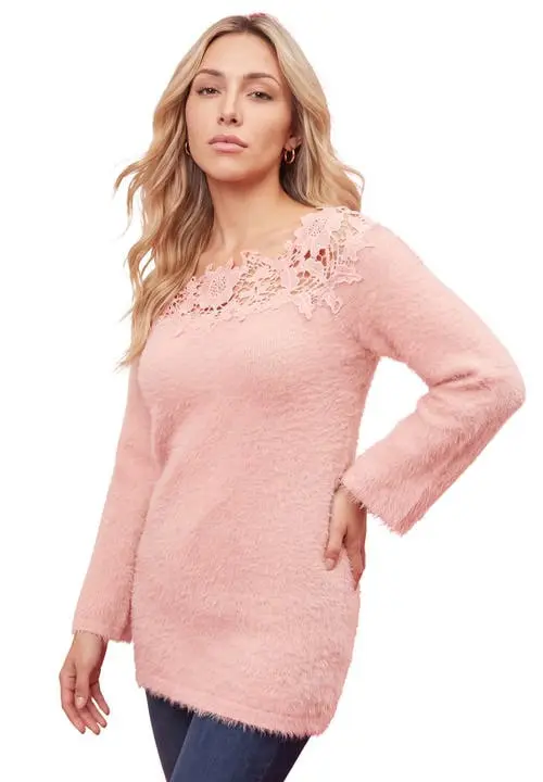 Roaman's Eyelash Lace Neck Sweater With Bell Sleeves - Soft Blush