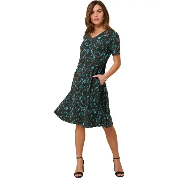 Roaman's Stretch Knit Pocket Swing Dress - Black Painterly Vine