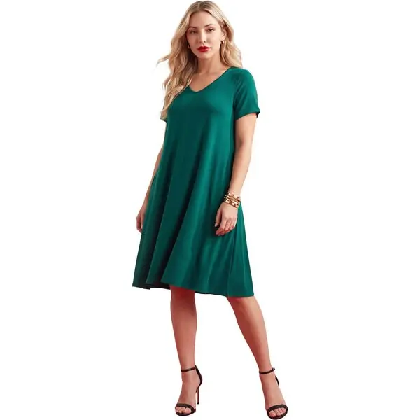 Roaman's Stretch Knit Pocket Swing Dress - Emerald Green