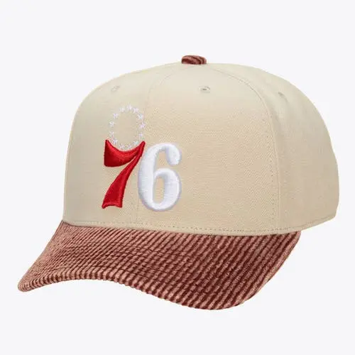 Mitchell & Ness Philadelphia 76ers Washed Corduroy Pro Crown Snapback Hat - Cream