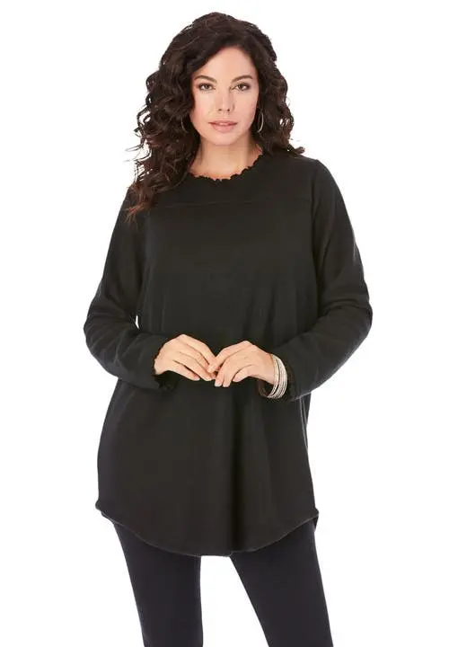 Roaman's Fleece Tunic With Ruffled Neckline And Cuffs - Classic Black