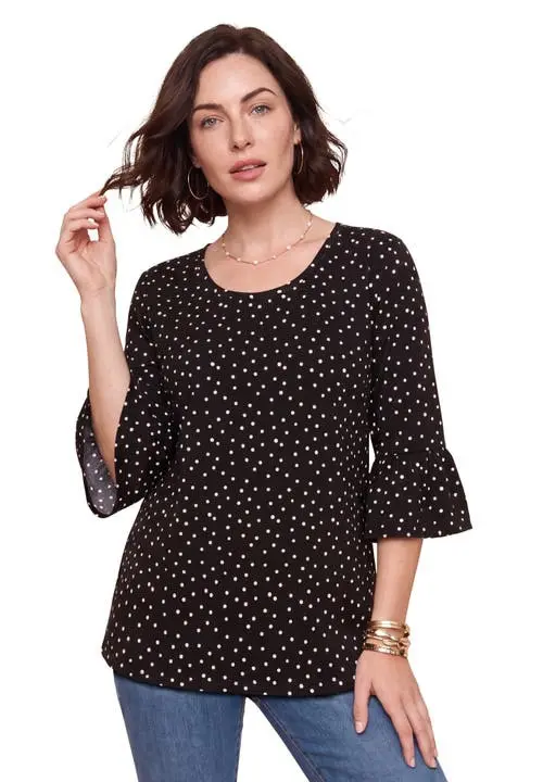 Roaman's Cotton Ultimate Bell Sleeve Tee - Black Painted Dot
