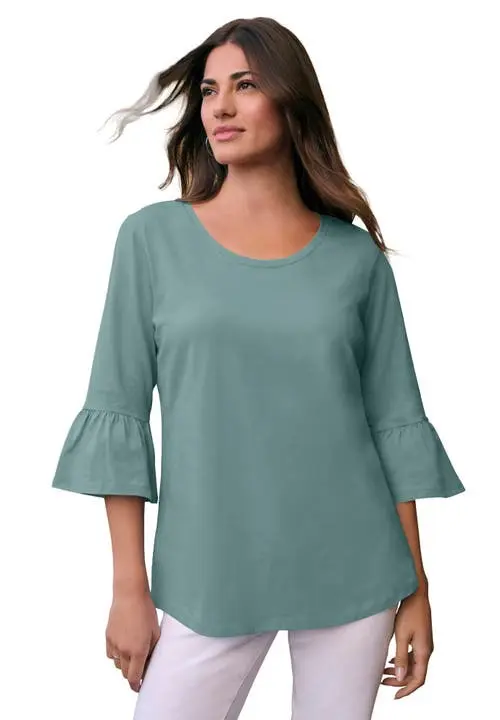 Roaman's Cotton Ultimate Bell Sleeve Tee - Cool Sage