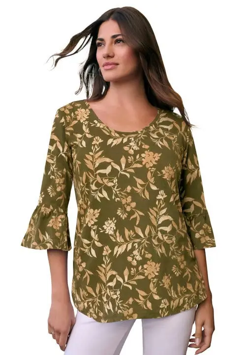 Roaman's Cotton Ultimate Bell Sleeve Tee - Multicolored