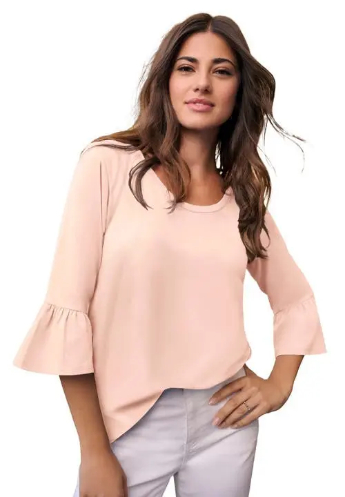 Roaman's Cotton Ultimate Bell Sleeve Tee - Soft Blush
