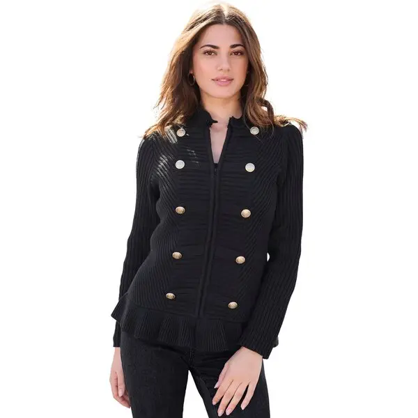 Roaman's Military Inspired Ribbed Cardigan Sweater - Black
