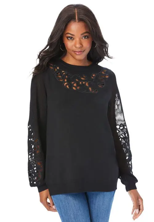Roaman's Crew Neck Pullover Sweater With Embroidered Cutout Details - Black