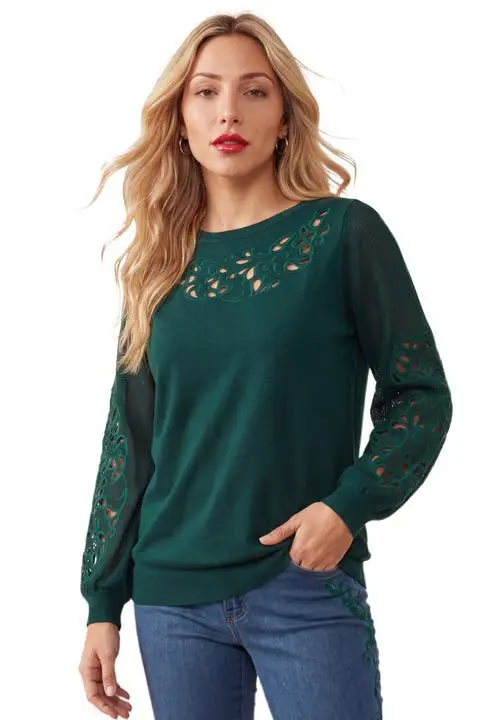 Roaman's Crew Neck Pullover Sweater With Embroidered Cutout Details - Emerald Green