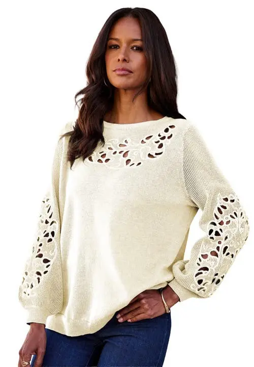 Roaman's Crew Neck Pullover Sweater With Embroidered Cutout Details - Ivory