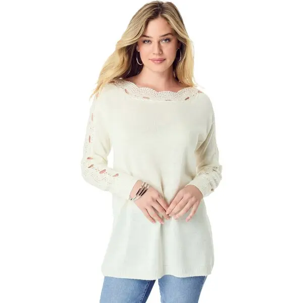 Roaman's Pointelle Sleeve Pullover With Scalloped Neckline - Ivory